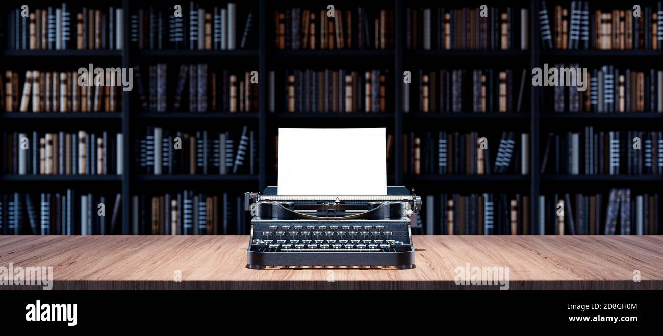 Journalist desk with old typewriter and Bookshelves in the library with ...