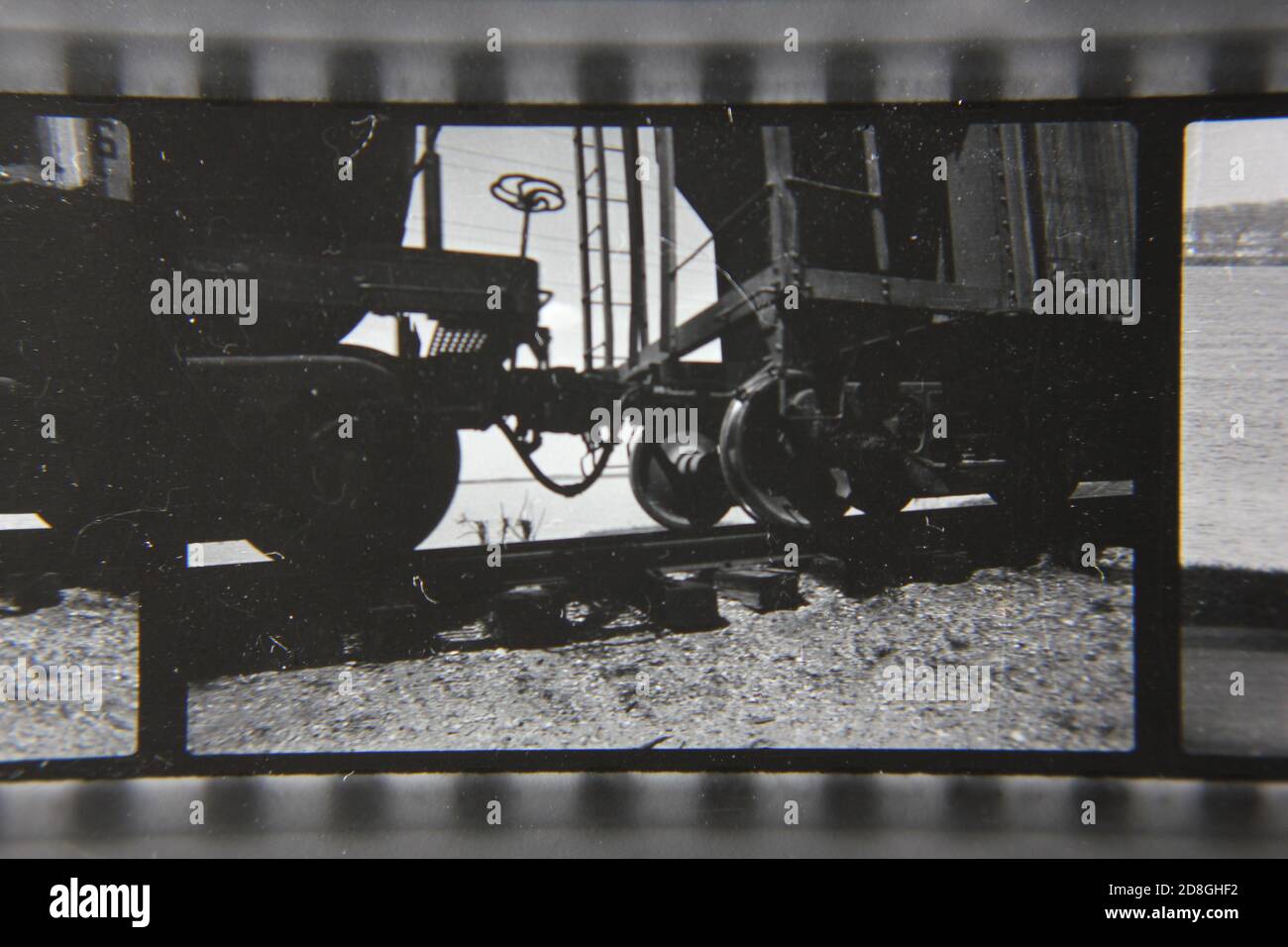 Fine 1970s vintage black ad white photography of two cargo train cars ...