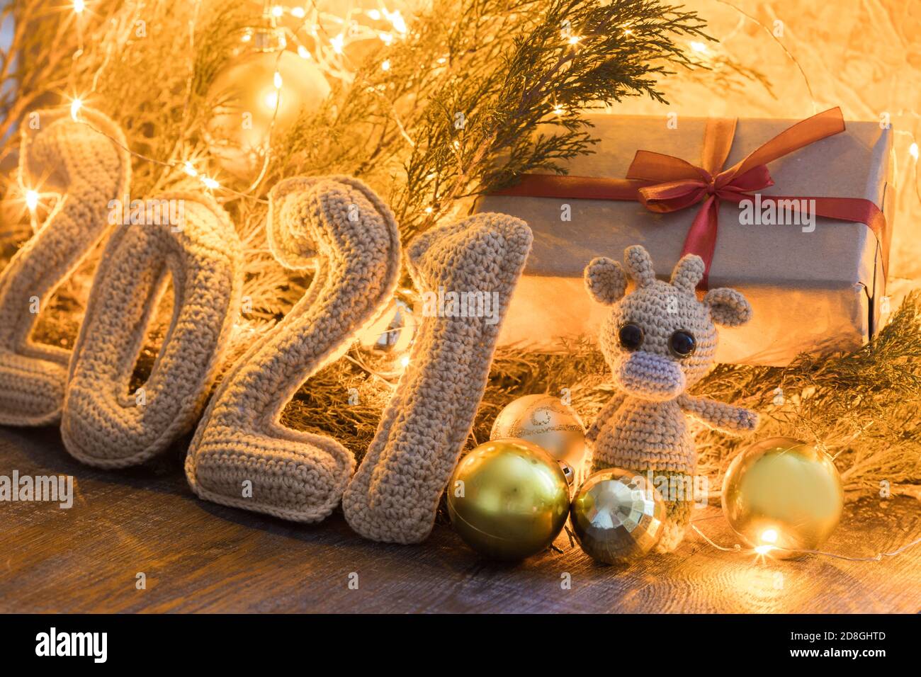 Happy Chinese New Year 2021 composition numbers 2021 gift box, toy bull ...