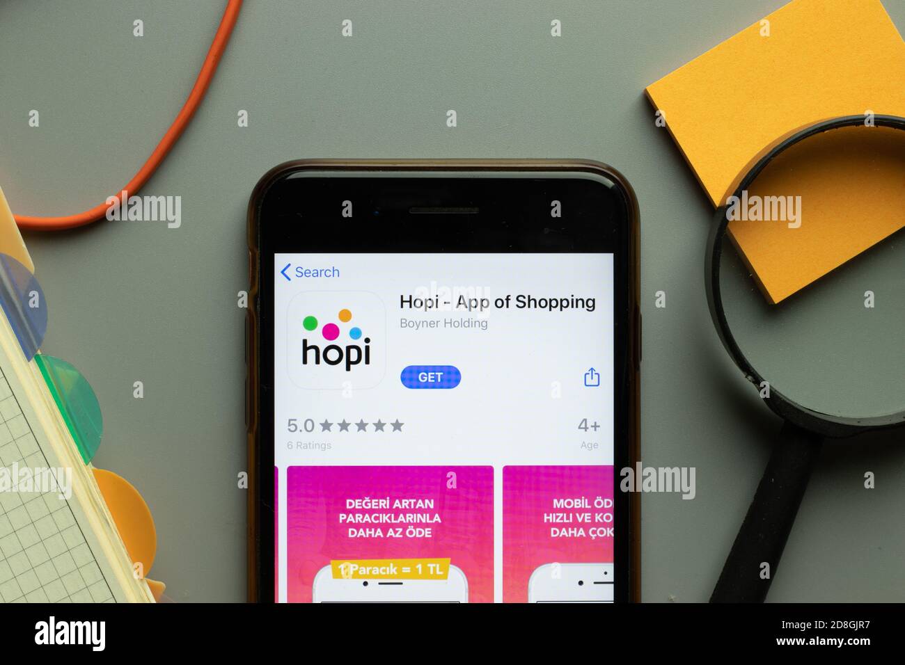 New York, USA - 26 October 2020: Hopi Shopping mobile app logo on phone ...