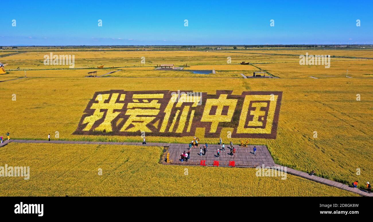 Five enormous yellow Chinese characters saying "I love you China" are ...