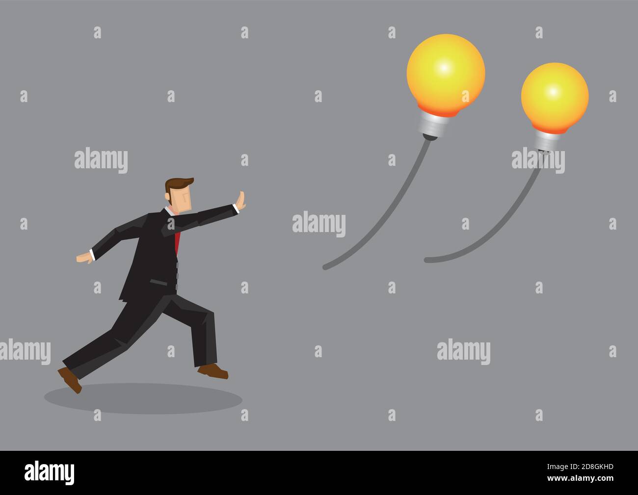 Cartoon man in business suit running after lit light bulb balloon that ...