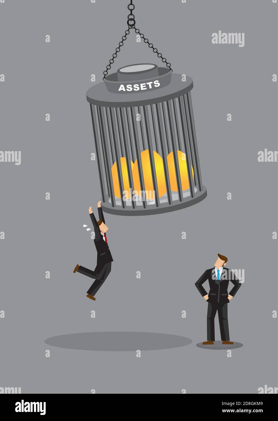 Business professionals hanging on to golden eggs locked up in cage ...