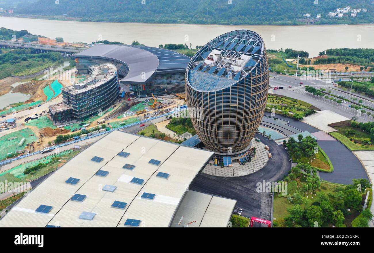 Aerial view of the strange egg-shaped office building in Liuzhou city ...