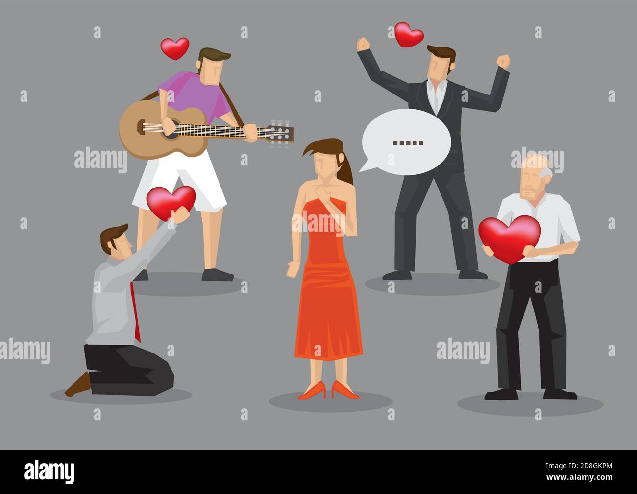 Cartoon woman surrounded by many suitors, young and old, professing ...