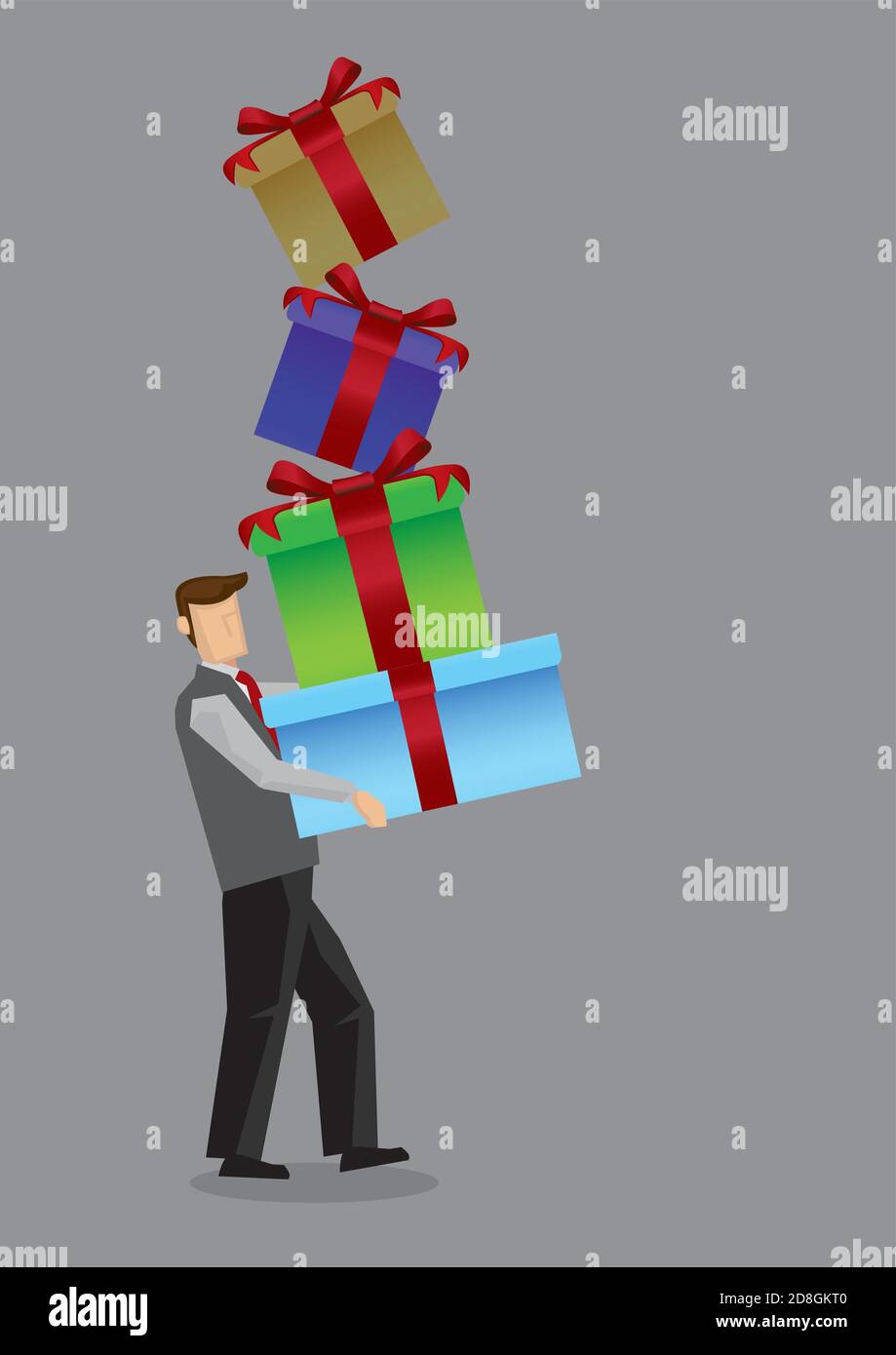 Side view of modern man carrying wobbling stack of gift boxes. Cartoon ...
