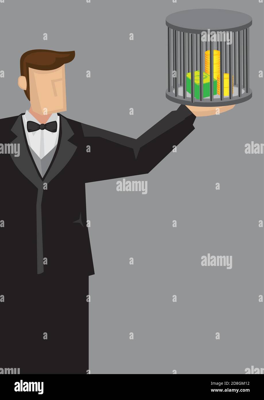 Cartoon man in tuxedo holding up a cage with money in it. Creative ...