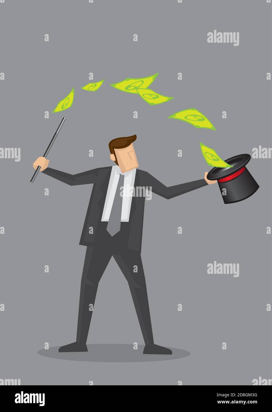 Businessman holding magic wand and dollar note flying out of magicians ...