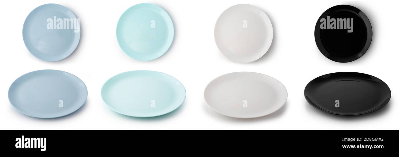 Set of flat empty plates of different colors isolated on white ...