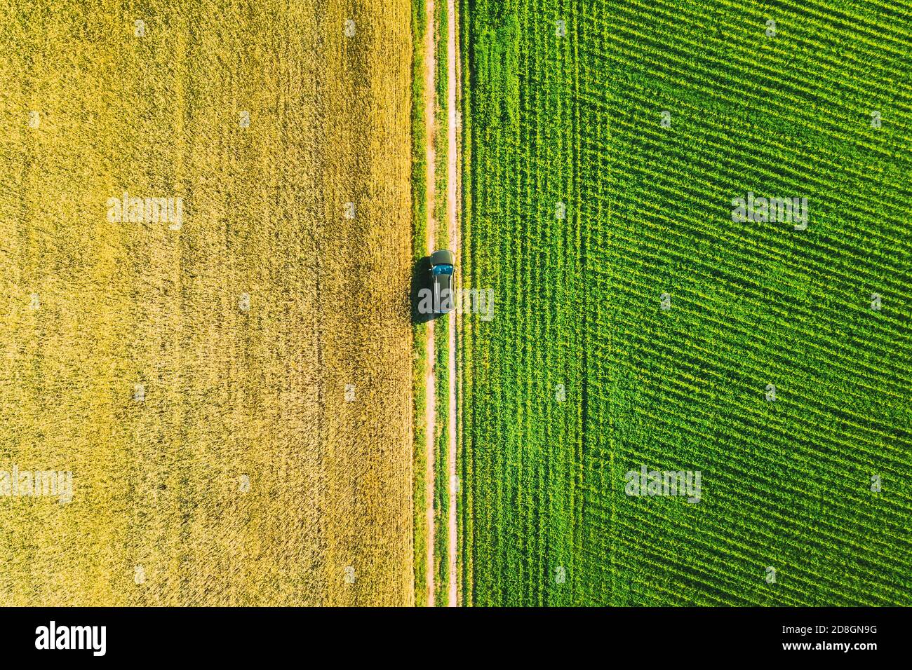 Aerial View Of Car SUV Parked Near Countryside Road In Spring Field ...