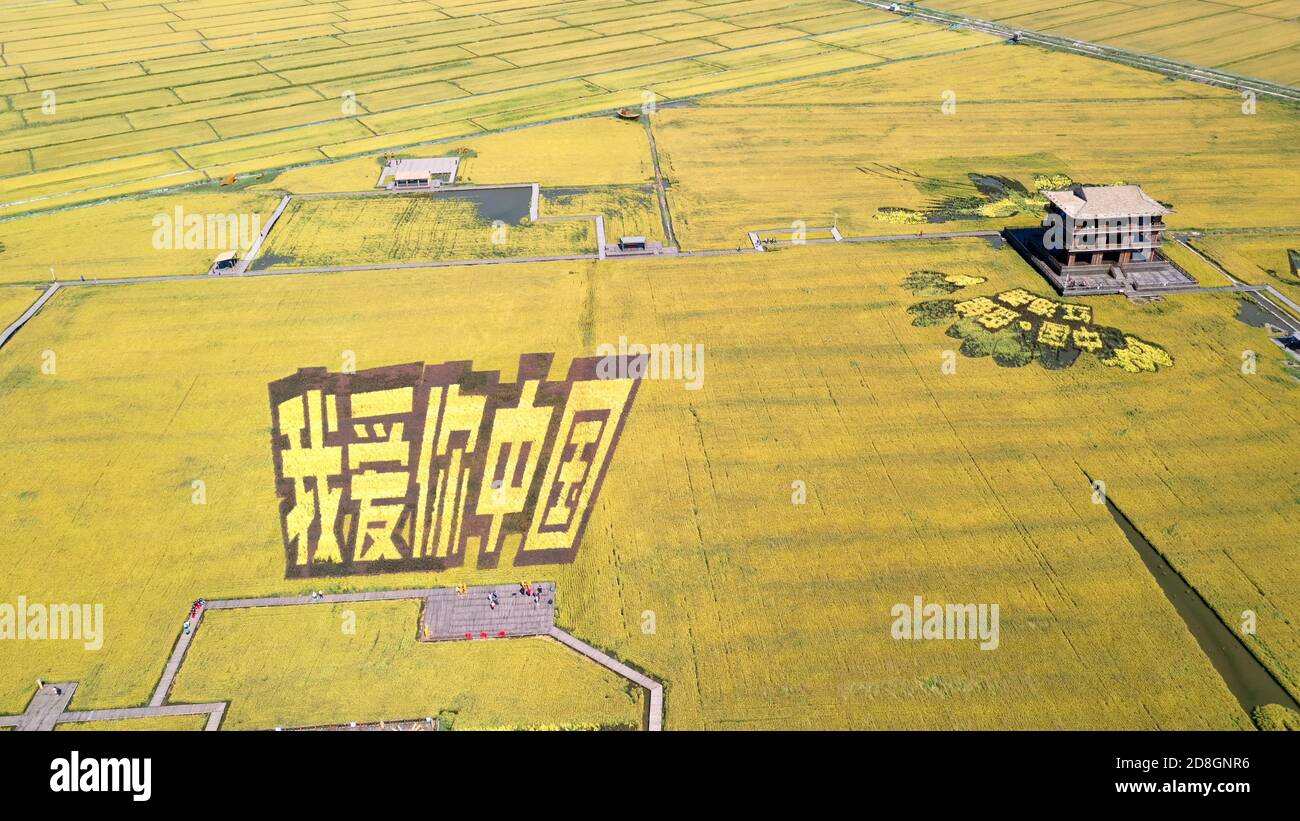 Five enormous yellow Chinese characters saying "I love you China" are ...