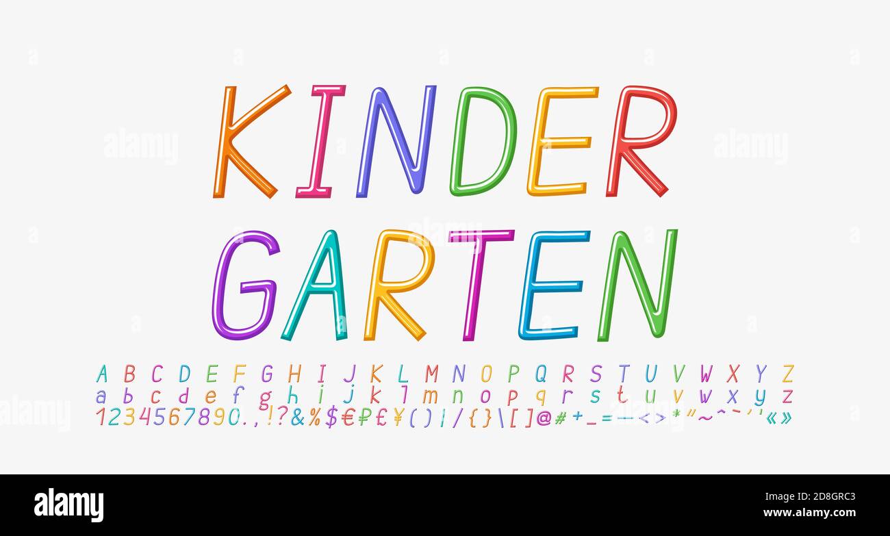 Multicolored cartoon Italic alphabet, thin linear font rainbow bright ...