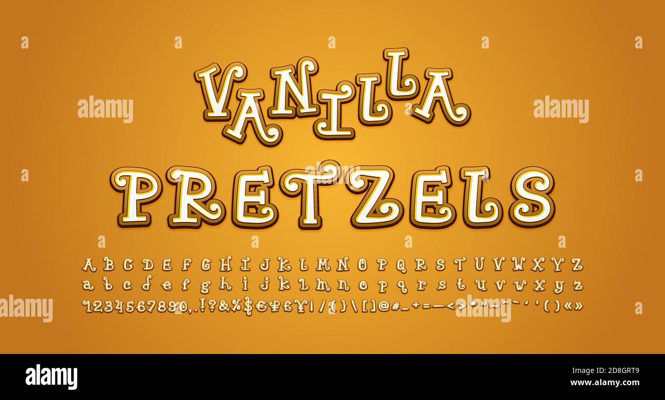 Vanilla Pretzels Alphabet. Cartoon curly font, uppercase and lowercase ...