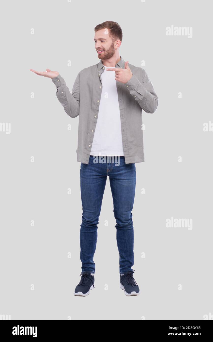 Man Showing Hand to Side and Pointing at it Smilling Isolated. Man Full ...