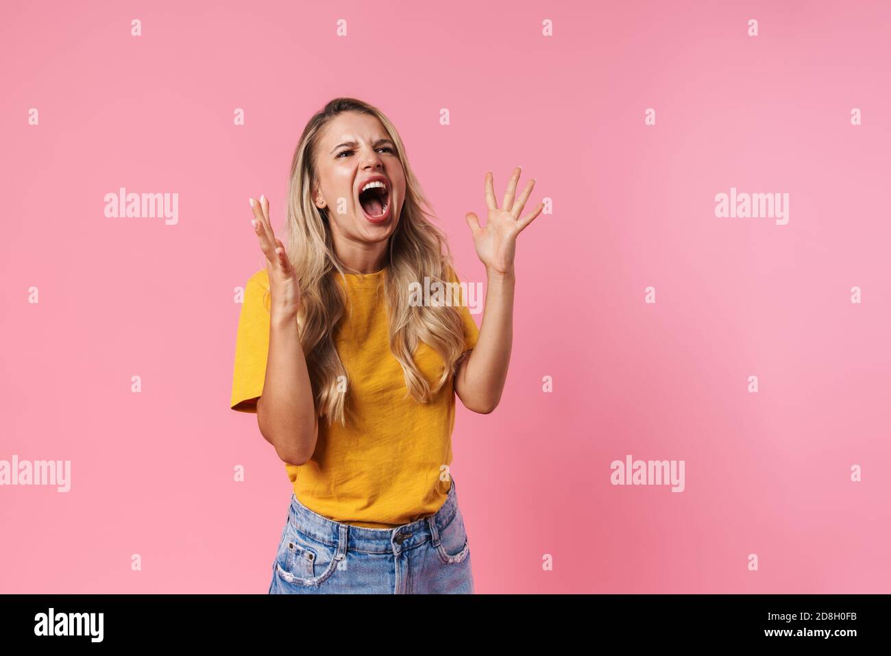 Image of furious blonde girl screaming with raising up hands isolated ...