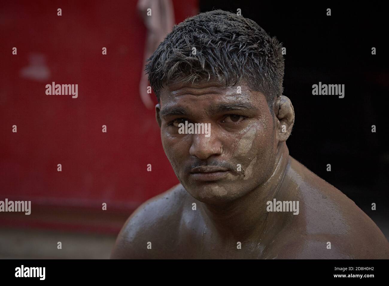 Delhi, India, May 2012. Close-up of a Kushti wrestler resting on the ...