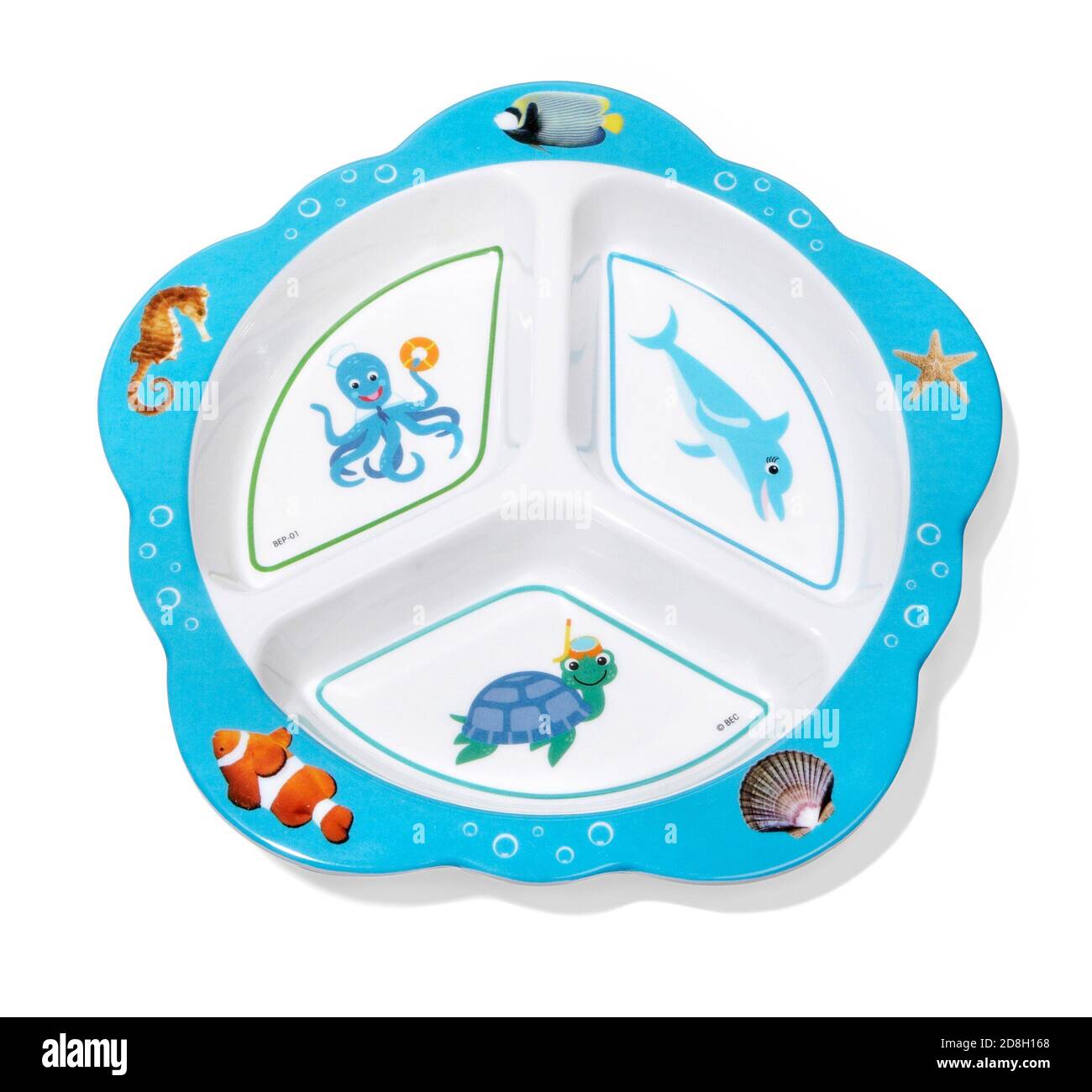 A blue and white kids sea-themed plate with three compartments ...