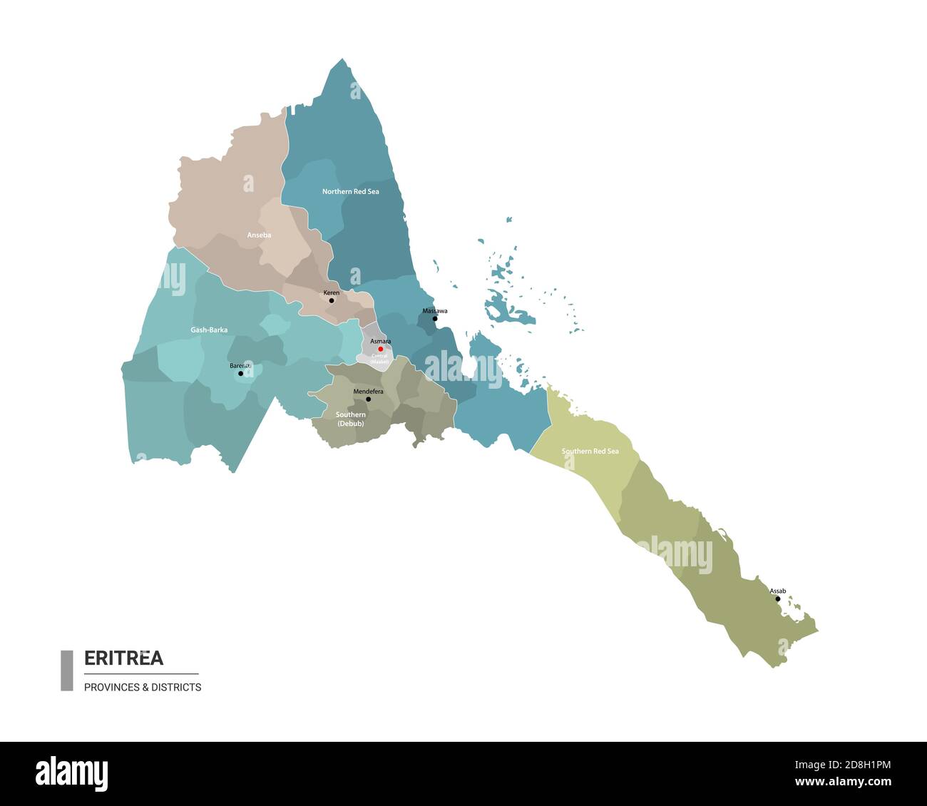 Eritrea higt detailed map with subdivisions. Administrative map of ...