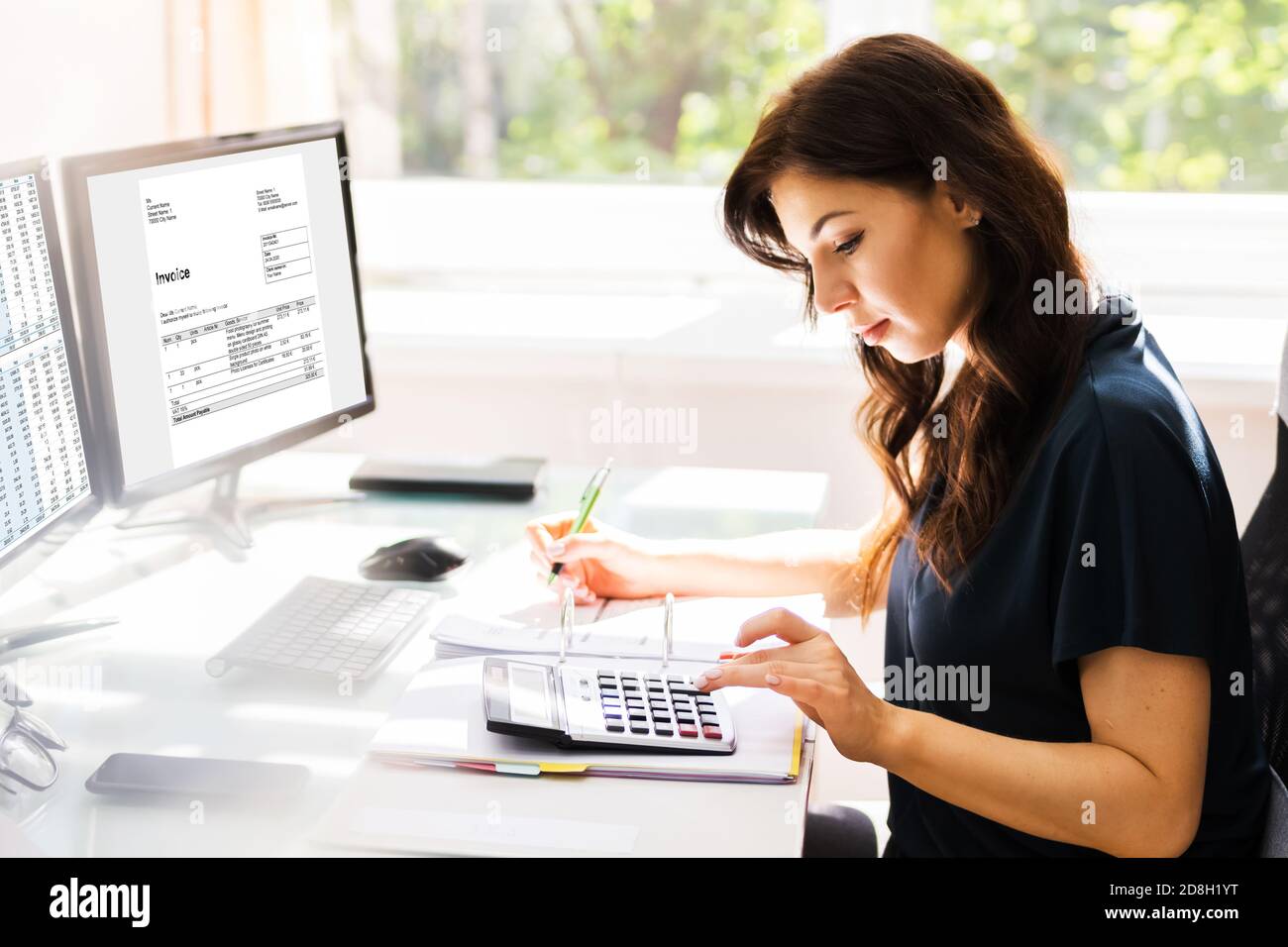 E Invoice On Computer. Woman Using Electronic Spreadsheet Stock Photo ...