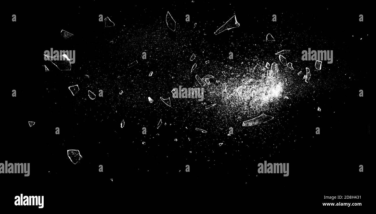 Small pieces of broken glass isolated on black background. Texture of ...