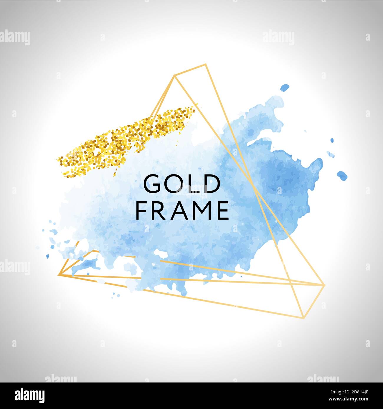 Pastel blue watercolor spots and gold lines. Gold round contour frame ...
