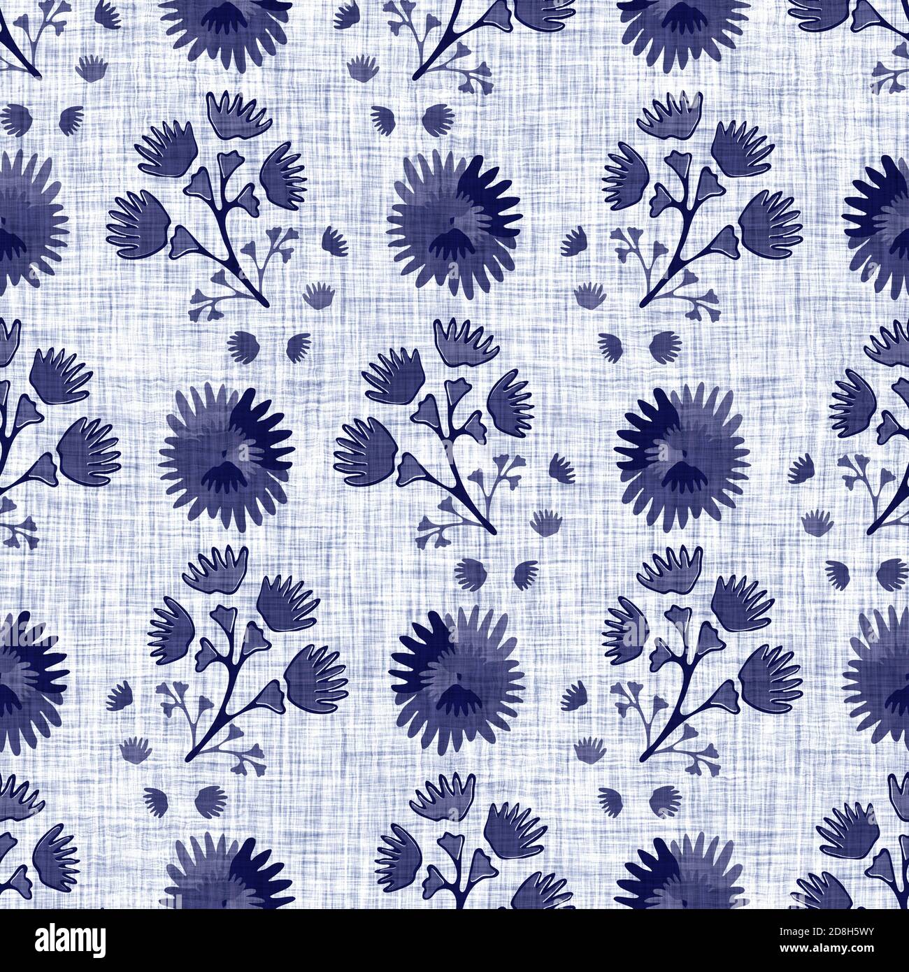 Indigo blue flower block print dyed linen texture background. Seamless ...