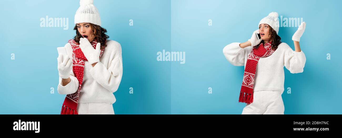 collage of shocked woman in white winter outfit talking and looking at ...