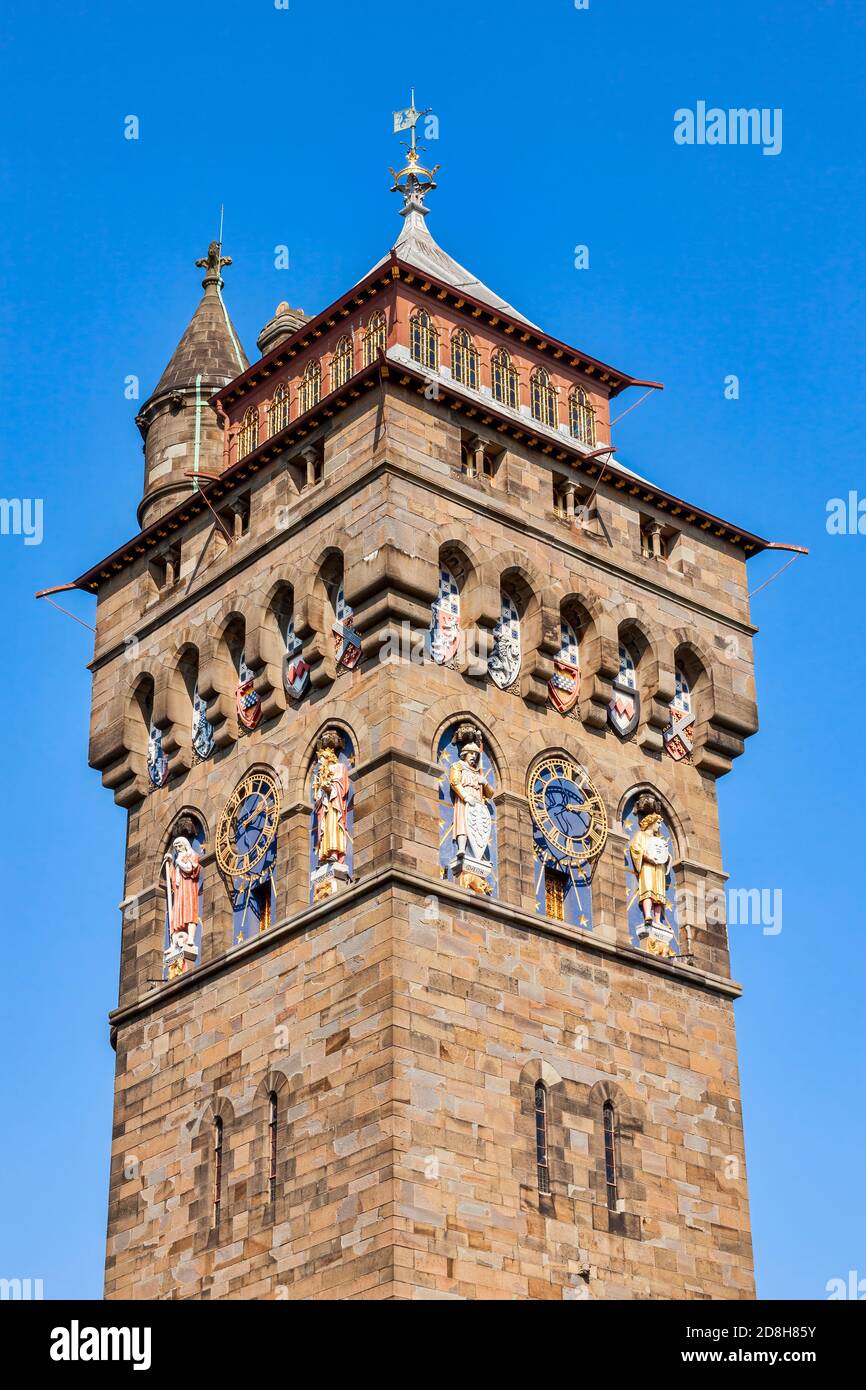 The clock tower of Cardiff Castle Wales UK completed in 1873 which is ...