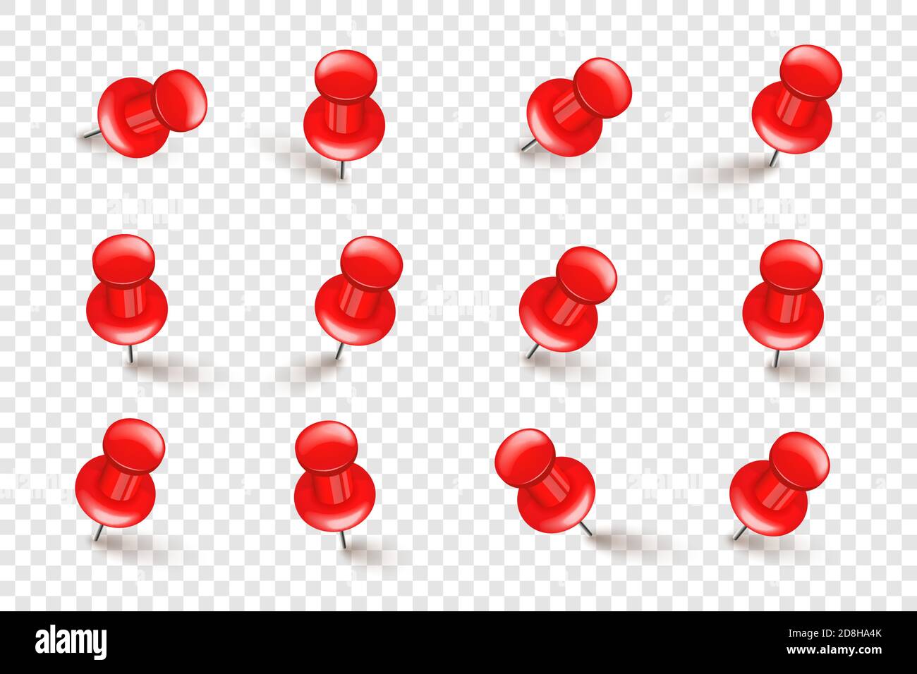 Realistic red push pins. Board tacks isolated on transparent background ...