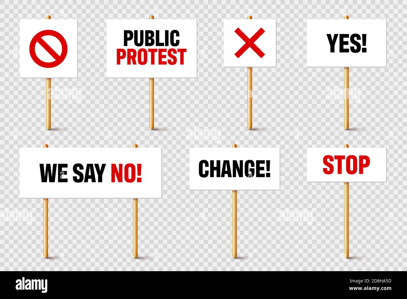 Protest signs with slogan on wooden holder. Realistic vector ...