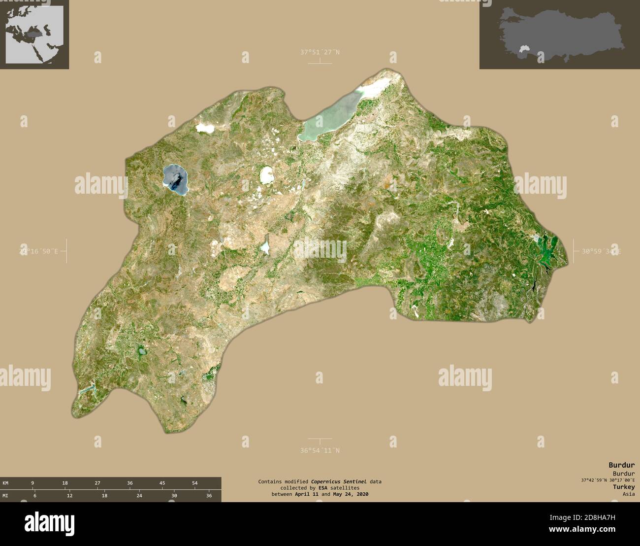 Burdur, province of Turkey. Sentinel-2 satellite imagery. Shape ...