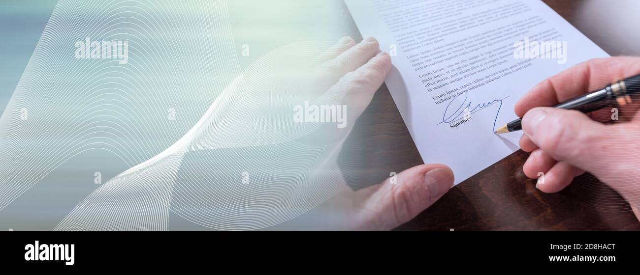 Human hand signing a contract; panoramic banner Stock Photo - Alamy