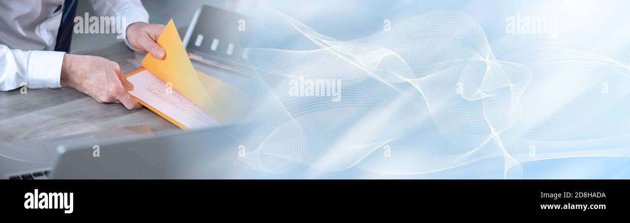 Businessman opening folder with paper documents; panoramic banner Stock ...