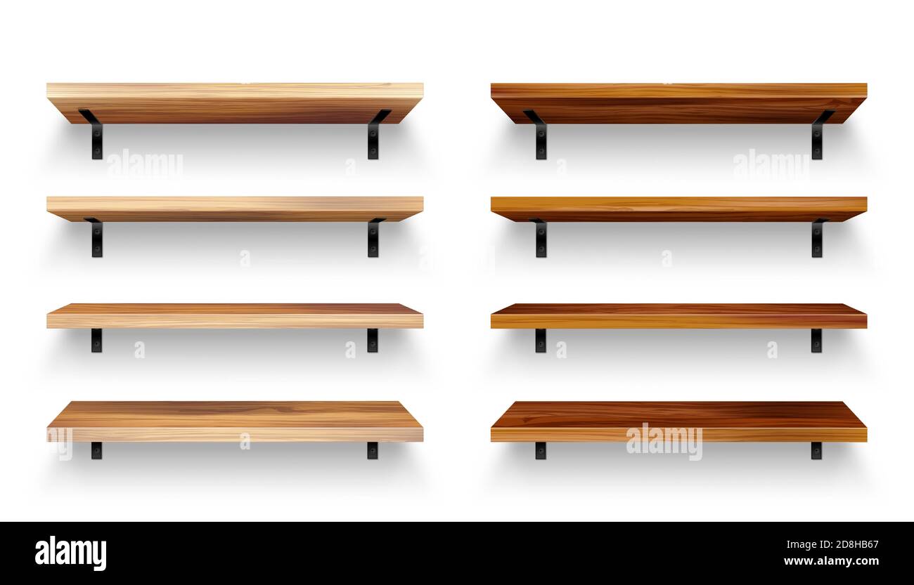 Realistic empty wooden store shelves set. Product shelf with wood ...