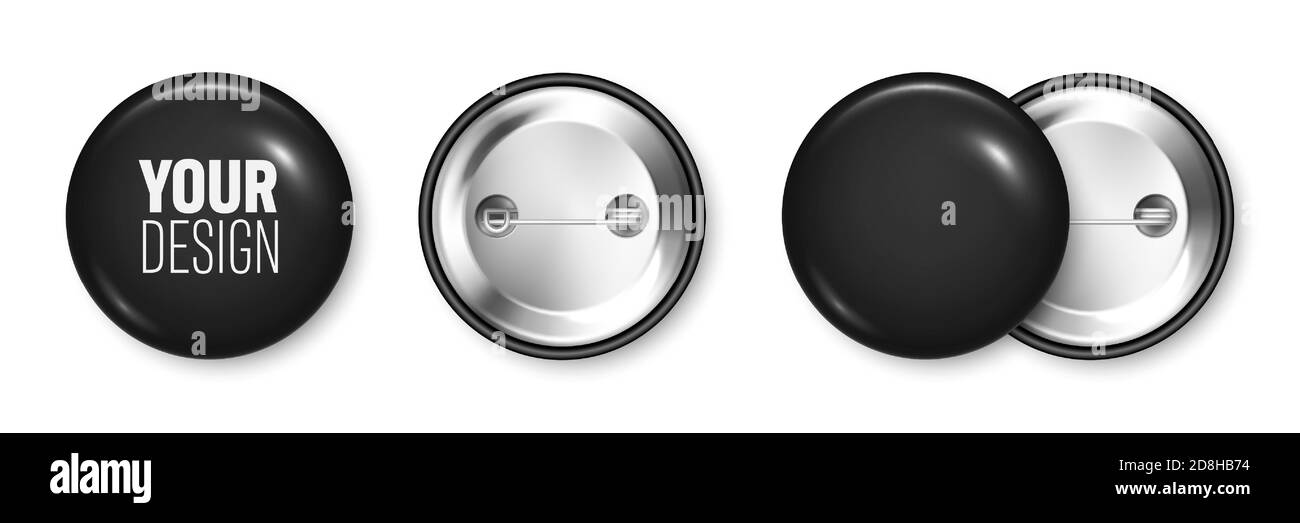 Realistic black blank badge. 3D glossy round button. Pin badge mockup ... Realistic black blank badge. 3D glossy round button. Pin badge mockup ...