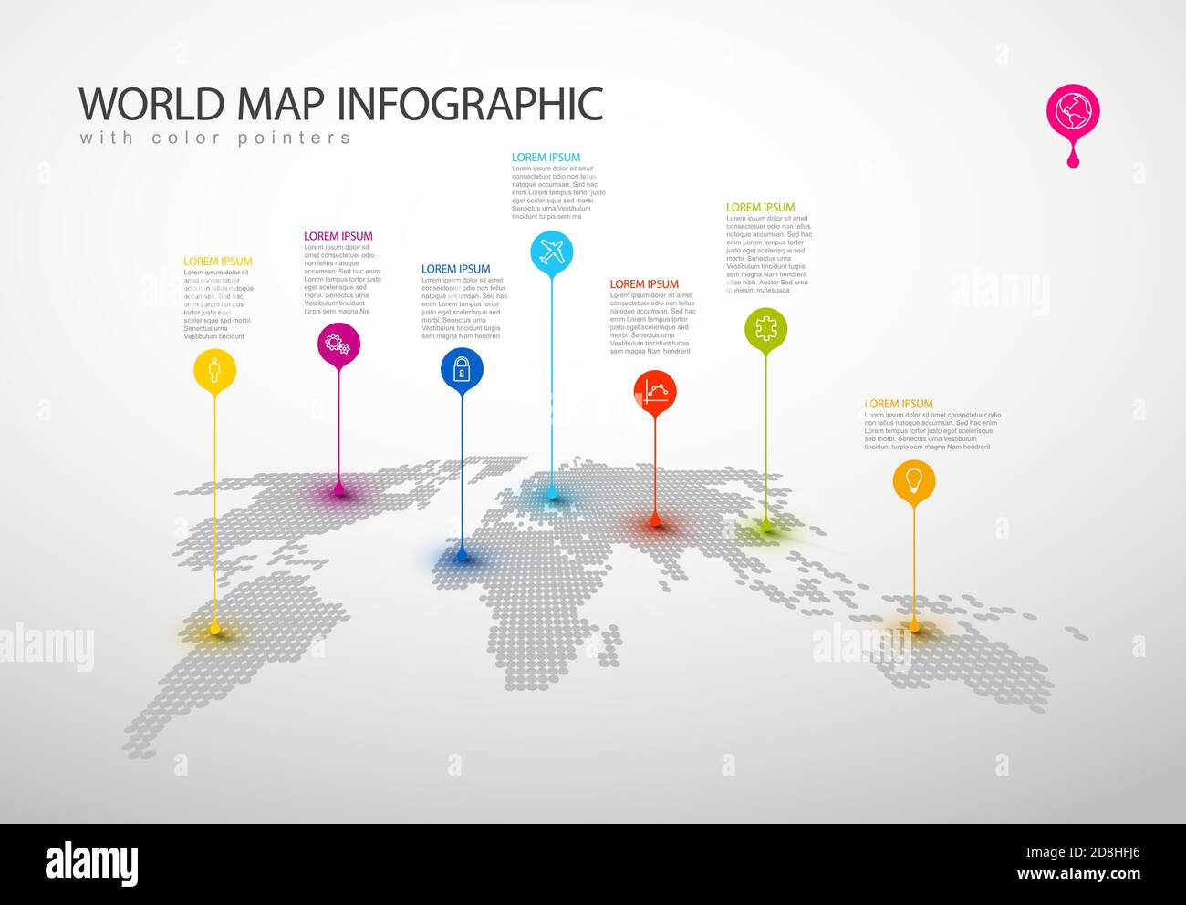 Light World Map With Pointer Marks Icons And Descriptions