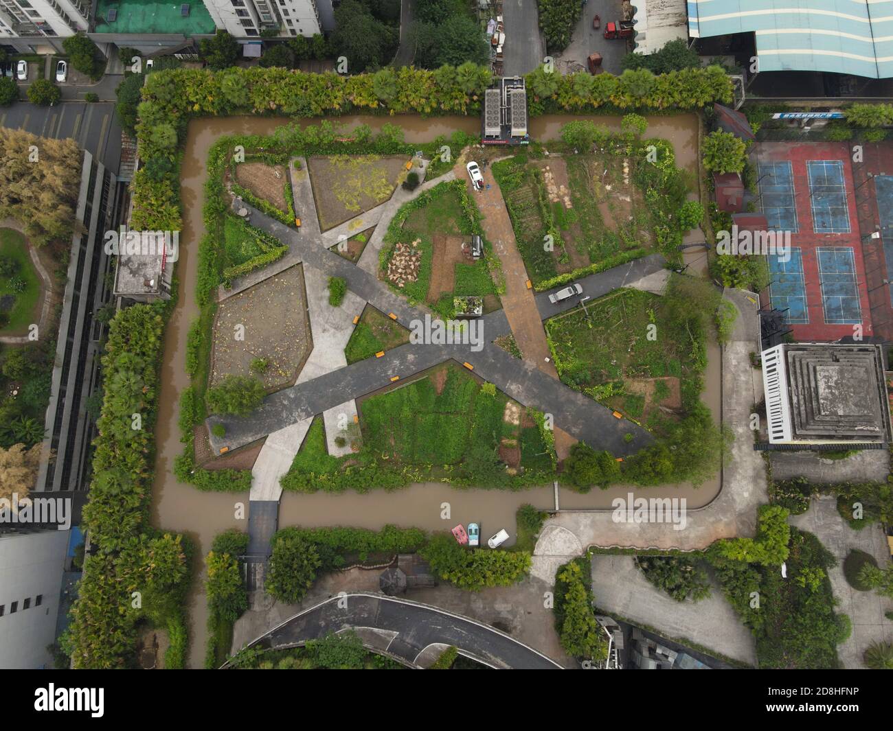 An aerial view shows the 20,000 square farm built on top of a 33-meter ...