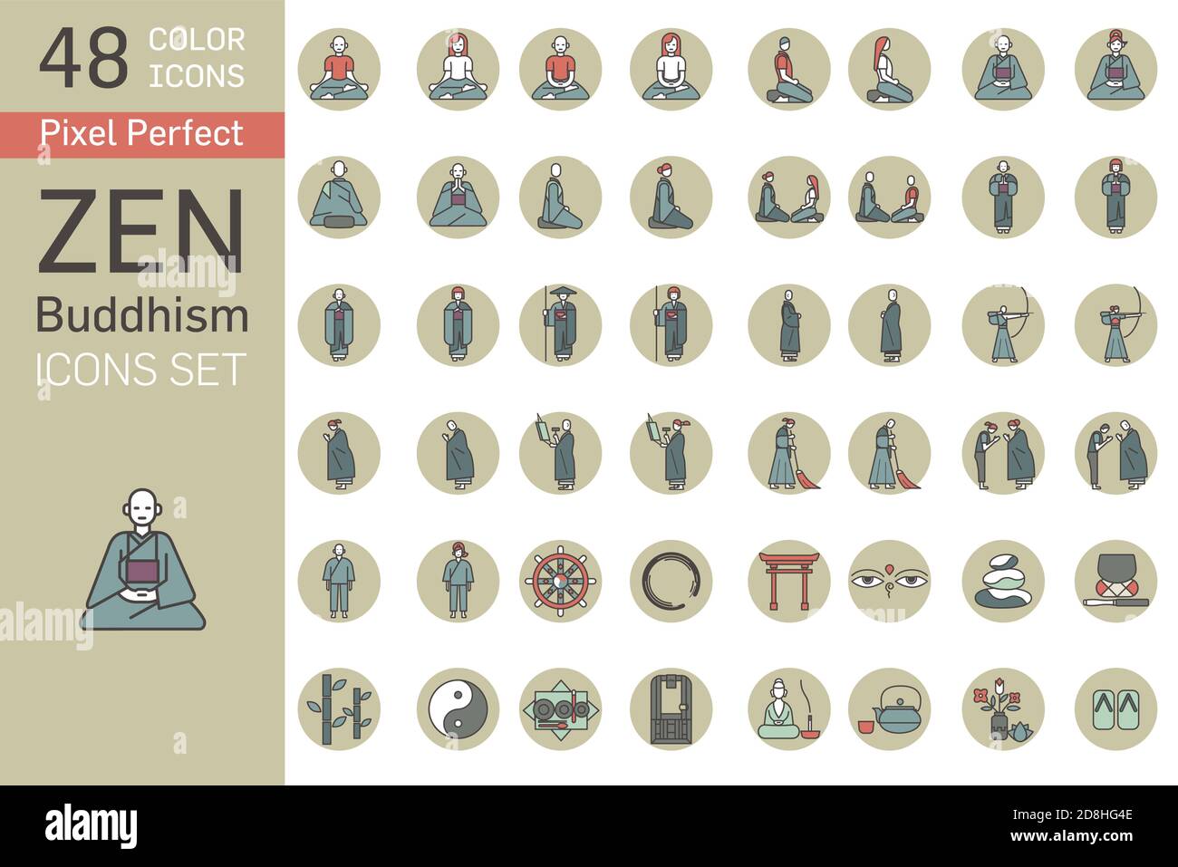 Set of zen buddhism icons. Activities of Zen Buddhist monks and nuns in ...