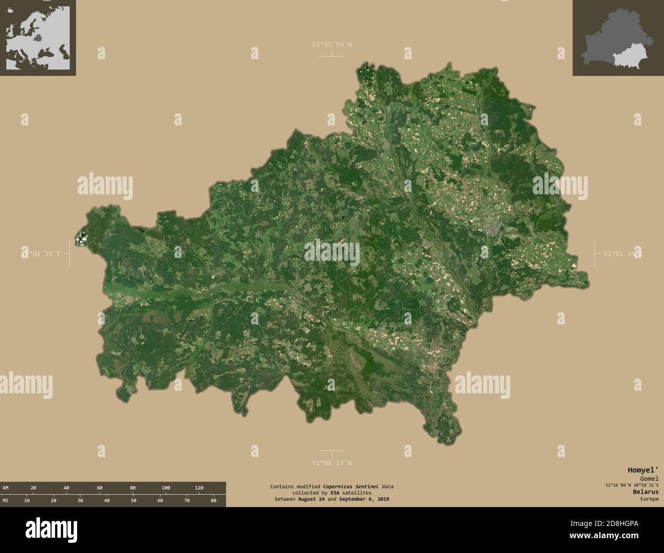 Homyel', region of Belarus. Sentinel-2 satellite imagery. Shape ...