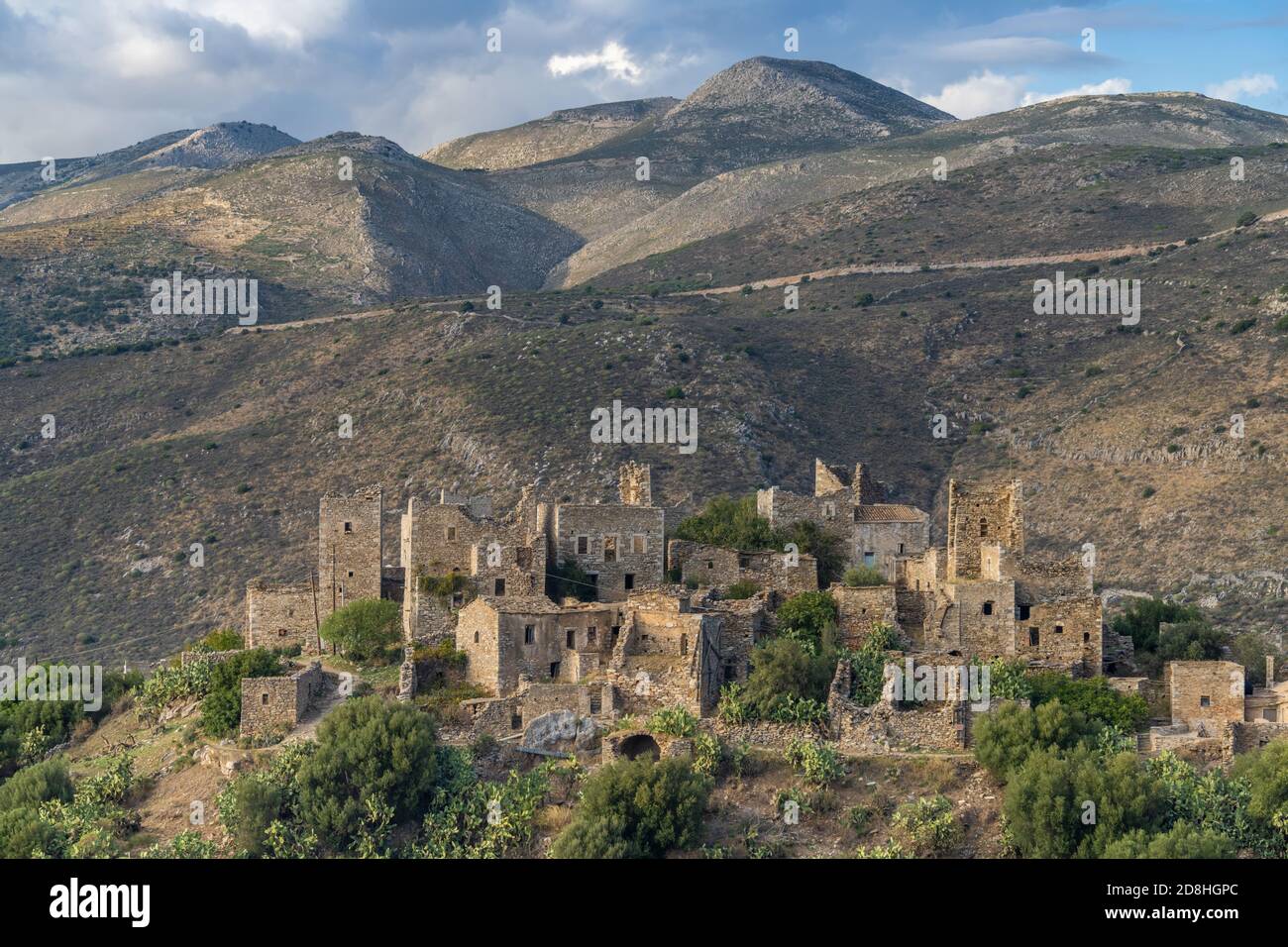 The charming hilltop village of Vatheia (also Vathia) on the Mani ...