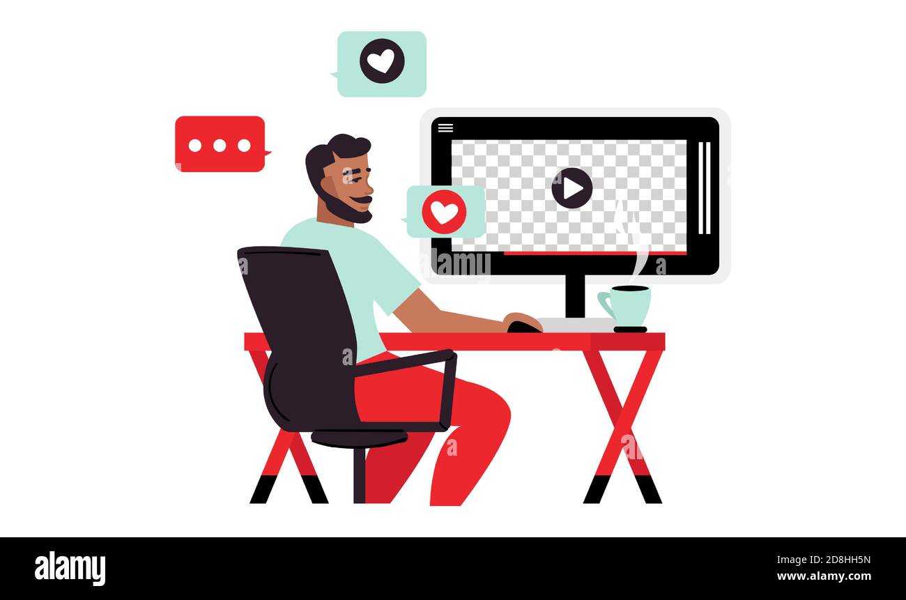 Youtube Illustration. Blogger Drink a Coffee and Watch a Video. Flat ...