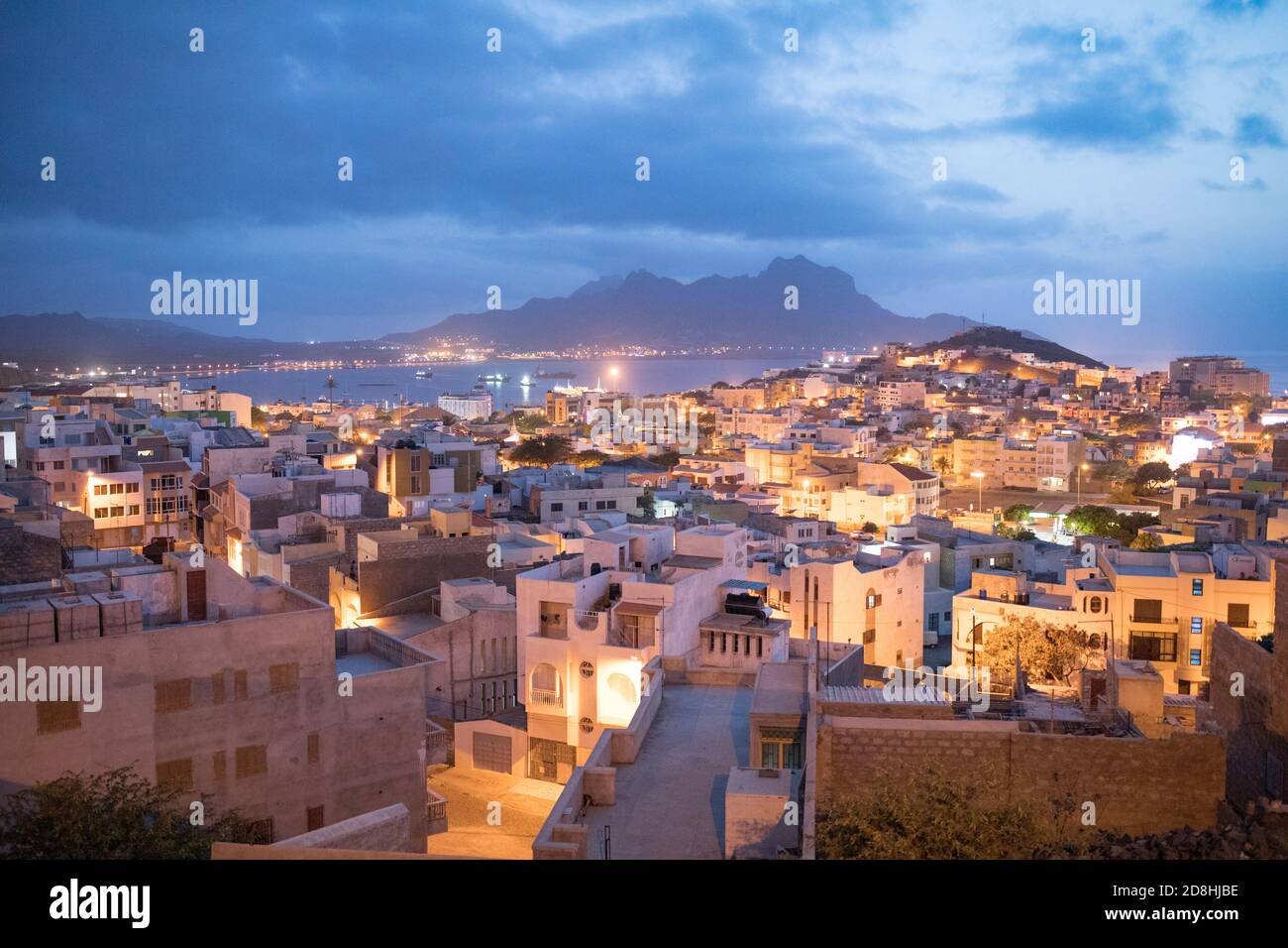Mindelo city, Sao Vicente, Cape Verde at night with a view of the ...