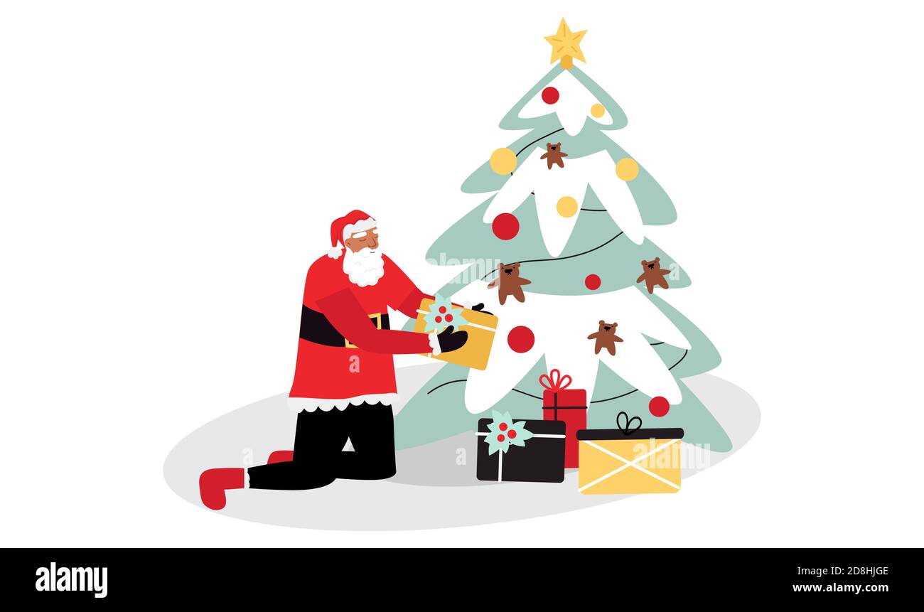 Santa Claus put gifts under the Christmas tree. Winter Vector illustration Stock Vector Image ...