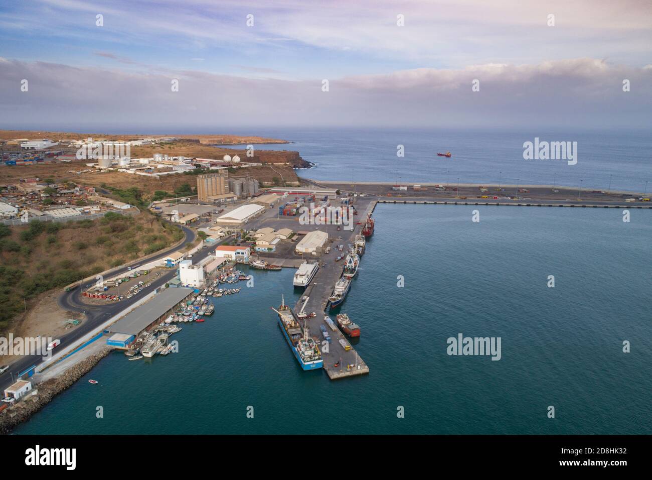 Aerial view of Port of Praia (Porto da Praia), port of Cape Verde's ...