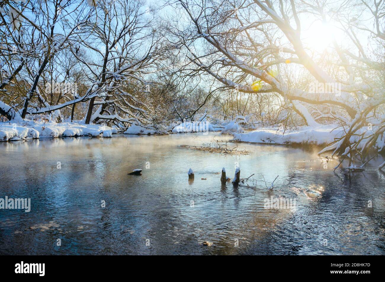 Frosty winter scene with forest river during sunny morning. Beautiful ...