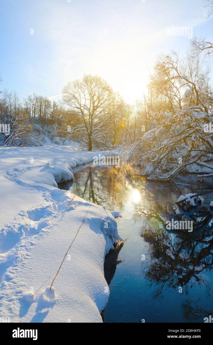 Frosty winter scene with forest river during sunny morning. Beautiful ...