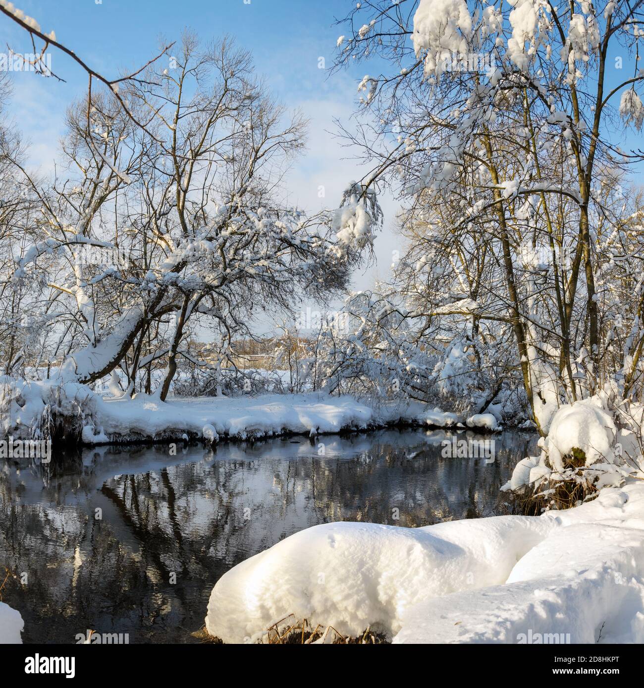 Frosty winter scene with forest river during sunny morning. Beautiful ...