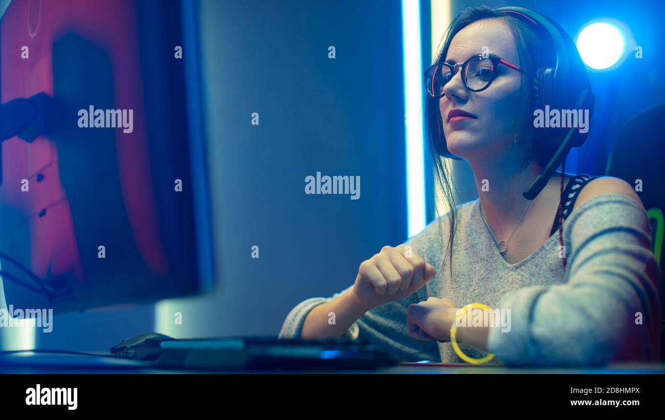 Beautiful Professional Gamer Girl Playing in Video Game on Her Personal ...