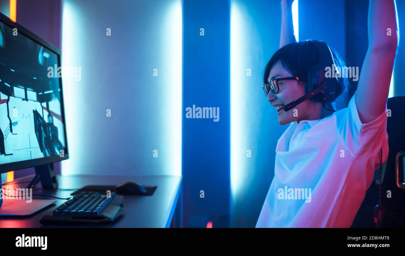 Side View Shot of Professional Gamer Playing and Winning in First ...