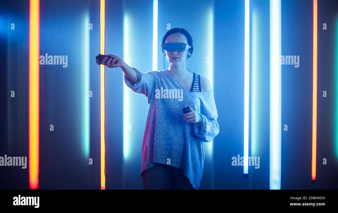 Beautiful Young Girl Wearing Virtual Reality Headset Draws Abstract ...